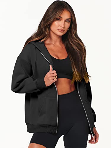 ANRABESS Women's Hoodies 2023 Fall Jacket Solid Athletic Tops Casual Long Sleeve Fleece Oversized Sweatshirts Cute Teen Girl Zip Up Clothes Black A989heise-S