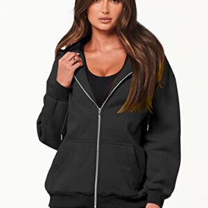 ANRABESS Women's Hoodies 2023 Fall Jacket Solid Athletic Tops Casual Long Sleeve Fleece Oversized Sweatshirts Cute Teen Girl Zip Up Clothes Black A989heise-S