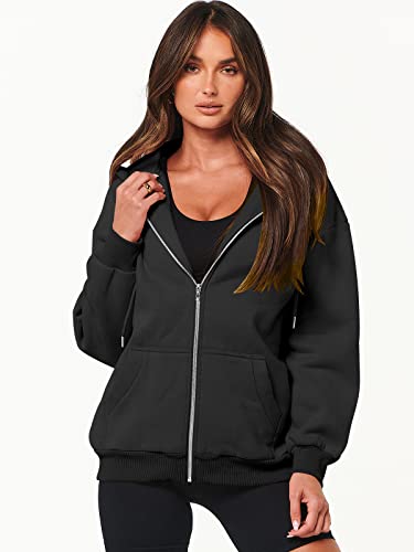 ANRABESS Women's Hoodies 2023 Fall Jacket Solid Athletic Tops Casual Long Sleeve Fleece Oversized Sweatshirts Cute Teen Girl Zip Up Clothes Black A989heise-S