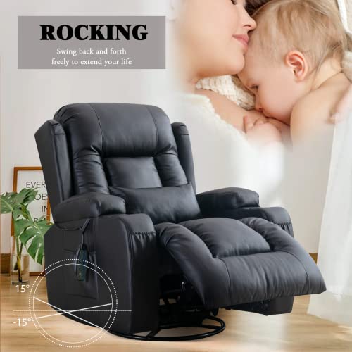 OBBOLLY Swivel Rocker Recliner Chair with Massage, Manual Glider Rocking Recliner Chair, Wingback Design 360?Swivel Chair with Lumbar Pillow, Cup Holders for Living Room (Single, Black-pu)