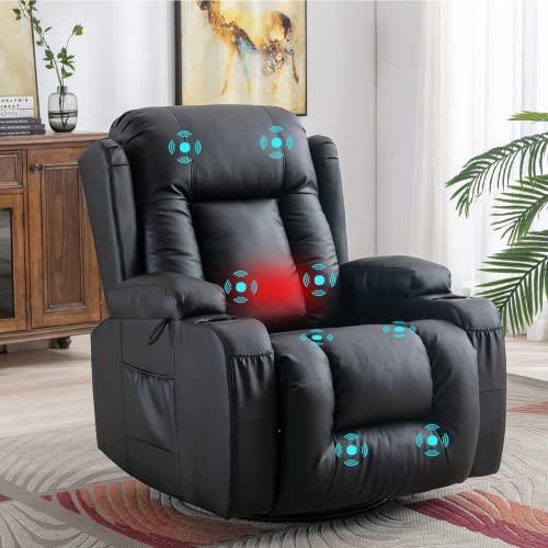 OBBOLLY Swivel Rocker Recliner Chair with Massage, Manual Glider Rocking Recliner Chair, Wingback Design 360?Swivel Chair with Lumbar Pillow, Cup Holders for Living Room (Single, Black-pu)