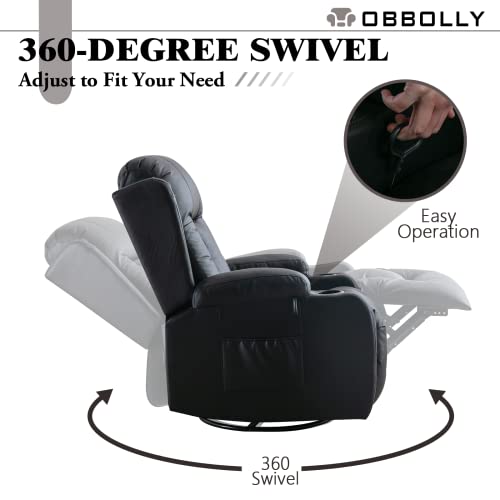 OBBOLLY Swivel Rocker Recliner Chair with Massage, Manual Glider Rocking Recliner Chair, Wingback Design 360?Swivel Chair with Lumbar Pillow, Cup Holders for Living Room (Single, Black-pu)