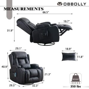 OBBOLLY Swivel Rocker Recliner Chair with Massage, Manual Glider Rocking Recliner Chair, Wingback Design 360?Swivel Chair with Lumbar Pillow, Cup Holders for Living Room (Single, Black-pu)