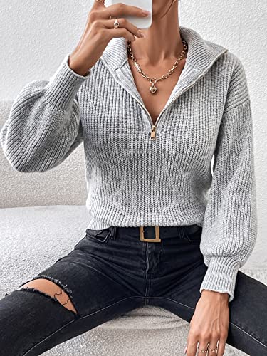 Verdusa Women's Casual Zip Up Long Sleeve Pullover Sweater V Neck Collar Knitted Top Light Grey S