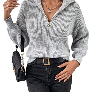 Verdusa Women's Casual Zip Up Long Sleeve Pullover Sweater V Neck Collar Knitted Top Light Grey S