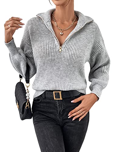 Verdusa Women's Casual Zip Up Long Sleeve Pullover Sweater V Neck Collar Knitted Top Light Grey S