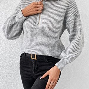 Verdusa Women's Casual Zip Up Long Sleeve Pullover Sweater V Neck Collar Knitted Top Light Grey S