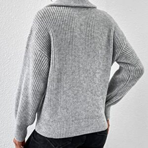 Verdusa Women's Casual Zip Up Long Sleeve Pullover Sweater V Neck Collar Knitted Top Light Grey S