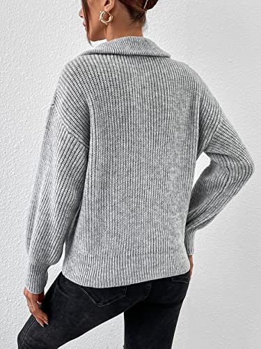 Verdusa Women's Casual Zip Up Long Sleeve Pullover Sweater V Neck Collar Knitted Top Light Grey S