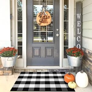 KOZYFLY Buffalo Plaid Area Rugs 2x3 Ft Black and White Checkered Rug Washable Front Door Mat Hand Woven Cotton Outdoor Rug Small Rug for Front Porch Kitchen Entryway Patio Bathroom