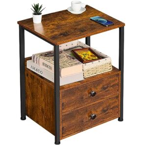 lerliuo nightstand, industrial bed side table with 2 drawers storage open shelf, sturdy end table with steel frame, night stand for bedroom, living room, vintage brown