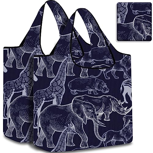 Vuudh 2 Packs Reusable Grocery Bags - Machine Washable Grocery Tote with Pouch, Foldable Shopping Tote Bag Nylon (Navy Blue Animals)