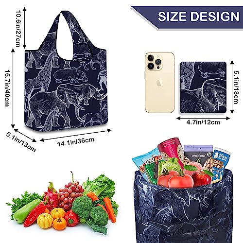 Vuudh 2 Packs Reusable Grocery Bags - Machine Washable Grocery Tote with Pouch, Foldable Shopping Tote Bag Nylon (Navy Blue Animals)