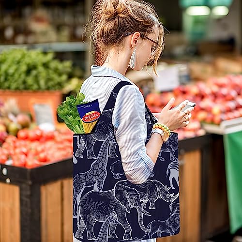 Vuudh 2 Packs Reusable Grocery Bags - Machine Washable Grocery Tote with Pouch, Foldable Shopping Tote Bag Nylon (Navy Blue Animals)