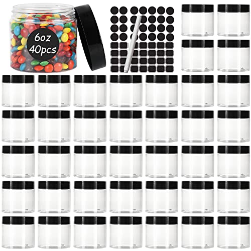 40 Pack Plastic Jars with Black Lids 6 oz,180ml Round Plastic Containers Clear Cosmetic Jars,Refillable Empty Storage Containers for Spices,Cream,Beauty Products,Lotion,Slime Making