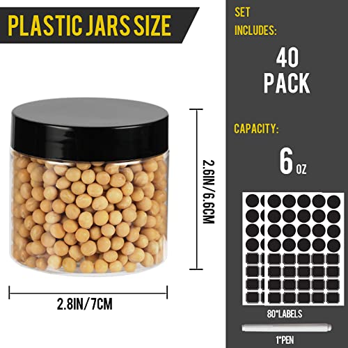 40 Pack Plastic Jars with Black Lids 6 oz,180ml Round Plastic Containers Clear Cosmetic Jars,Refillable Empty Storage Containers for Spices,Cream,Beauty Products,Lotion,Slime Making