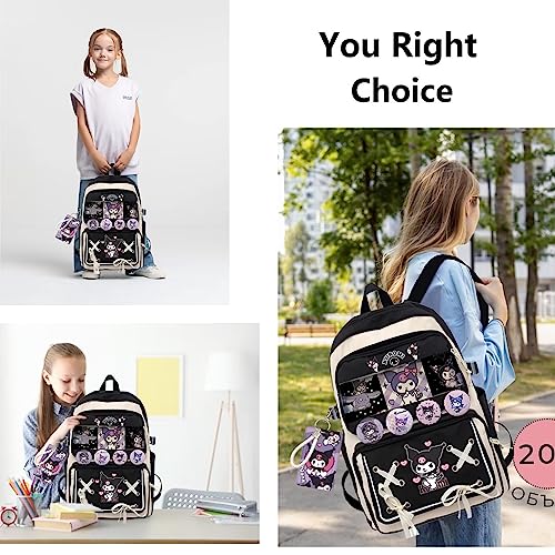 jkawzoy Japanese Cartoon Backpack, Cute Cool Book Bags for Teens Kawaii Backpacks with Kawaii Pins for Outdoor Travel Unisex Laptop Bookbags Black