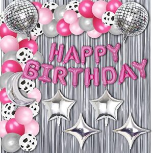 refavor disco birthday party decorations - 60pcs western disco party decorations pink silver backdrop disco ball hot pink happy birthday balloons decor birthday decorations supplies cowgirls women