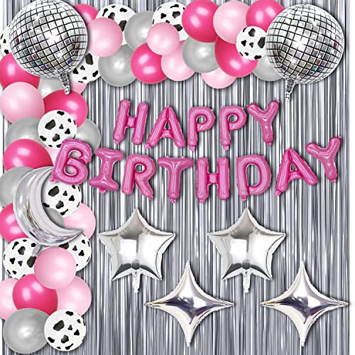 Refavor Disco Birthday Party Decorations - 60pcs Western Disco Party Decorations Pink Silver Backdrop Disco Ball Hot Pink Happy Birthday Balloons Decor Birthday Decorations Supplies Cowgirls Women