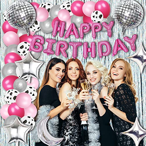 Refavor Disco Birthday Party Decorations - 60pcs Western Disco Party Decorations Pink Silver Backdrop Disco Ball Hot Pink Happy Birthday Balloons Decor Birthday Decorations Supplies Cowgirls Women