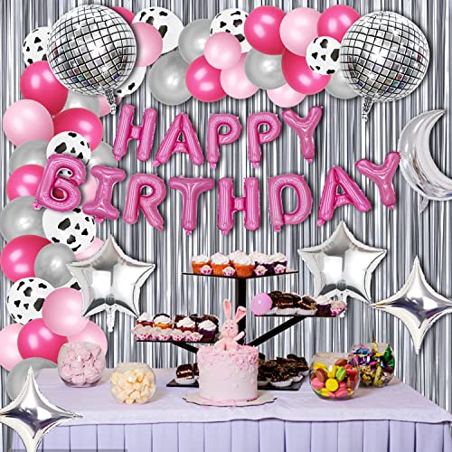 Refavor Disco Birthday Party Decorations - 60pcs Western Disco Party Decorations Pink Silver Backdrop Disco Ball Hot Pink Happy Birthday Balloons Decor Birthday Decorations Supplies Cowgirls Women