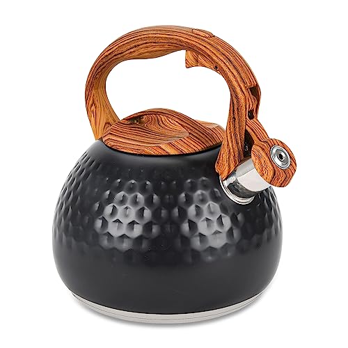 KIAADSY Tea Kettle, 3.2 Qt Stainless Steel Whistling Tea Kettle for Stove Top, Food Grade Teapot with Wood Pattern Handle for Coffee, Tea, Milk etc, Gas Electric Applicable-Black