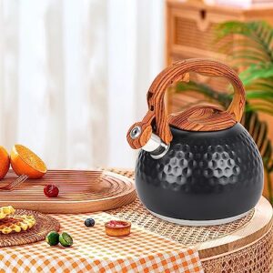 KIAADSY Tea Kettle, 3.2 Qt Stainless Steel Whistling Tea Kettle for Stove Top, Food Grade Teapot with Wood Pattern Handle for Coffee, Tea, Milk etc, Gas Electric Applicable-Black