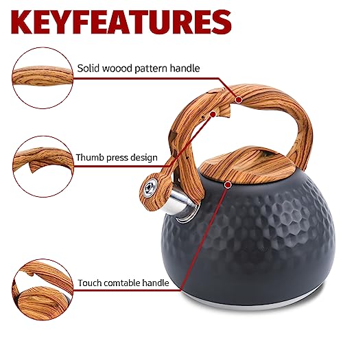 KIAADSY Tea Kettle, 3.2 Qt Stainless Steel Whistling Tea Kettle for Stove Top, Food Grade Teapot with Wood Pattern Handle for Coffee, Tea, Milk etc, Gas Electric Applicable-Black