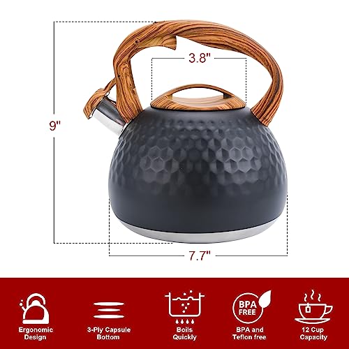 KIAADSY Tea Kettle, 3.2 Qt Stainless Steel Whistling Tea Kettle for Stove Top, Food Grade Teapot with Wood Pattern Handle for Coffee, Tea, Milk etc, Gas Electric Applicable-Black