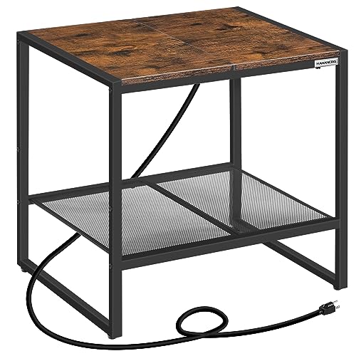 MAHANCRIS End Table with Charging Station, Square Side Table with Outlets and USB Ports, Square Modern Night Stand with 2-Tier Storage Shelf, Sofa Coffee Table, Fridge Stand, for Living Room ETHR54E01