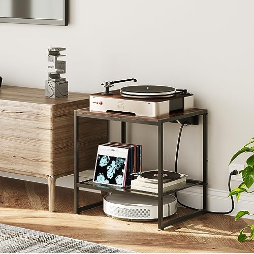 MAHANCRIS End Table with Charging Station, Square Side Table with Outlets and USB Ports, Square Modern Night Stand with 2-Tier Storage Shelf, Sofa Coffee Table, Fridge Stand, for Living Room ETHR54E01