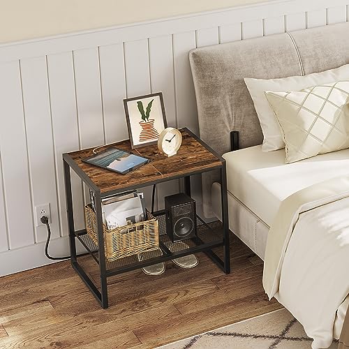 MAHANCRIS End Table with Charging Station, Square Side Table with Outlets and USB Ports, Square Modern Night Stand with 2-Tier Storage Shelf, Sofa Coffee Table, Fridge Stand, for Living Room ETHR54E01