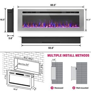 LITSDFM 60 Inch Electric Fireplace Wall Mounted Electric Fireplace Inserts Fireplace Recessed, Low Noise, Remote Control with Timer, Adjustable 12 Flame Color, 750/1500W