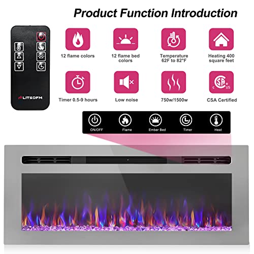 LITSDFM 60 Inch Electric Fireplace Wall Mounted Electric Fireplace Inserts Fireplace Recessed, Low Noise, Remote Control with Timer, Adjustable 12 Flame Color, 750/1500W