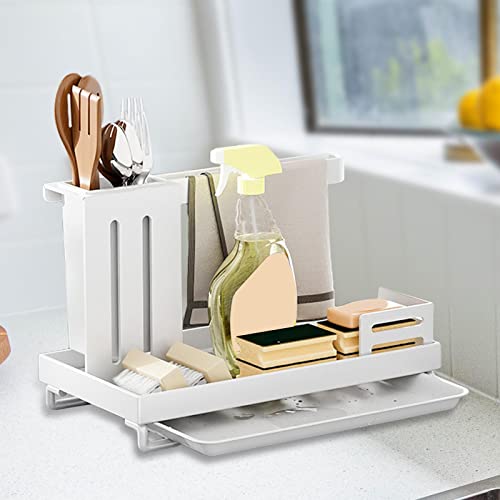 Leefasy Kitchen Sink Organizer Countertop, under Sink Rack, Large 2 Tier Kitchen Spice Rack, under Sink Organizers and Storage, for Brush Dishrag, White