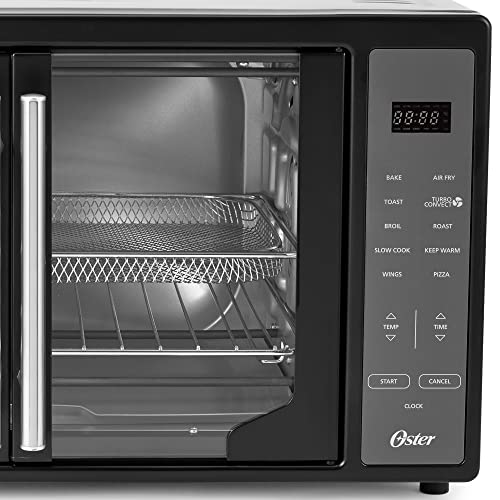 Oster Extra Large Single Pull French Door Turbo Convection Toaster Oven w/ 2 Removable Baking Racks, 60-Minute Timer, & Adjustable Temperature, Black