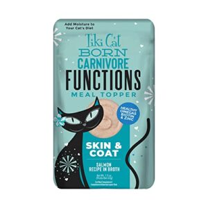 tiki cat born carnivore functional topper skin & coat, salmon in broth, highly palatable with aromatic salmon for picky eaters, wet cat food mousse, 1.5 oz. pouch, (pack of 12)