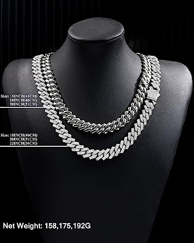 WKTYCCT 2pcs Cuban Link Chain for Men Women Iced Out Miami Cuban Necklaces Gold Silver 14mm Cuban Chain Necklace Sets Diamond Hip Hop Jewelry Gift (Silver, 16inch+18inch)