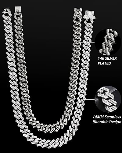 WKTYCCT 2pcs Cuban Link Chain for Men Women Iced Out Miami Cuban Necklaces Gold Silver 14mm Cuban Chain Necklace Sets Diamond Hip Hop Jewelry Gift (Silver, 16inch+18inch)