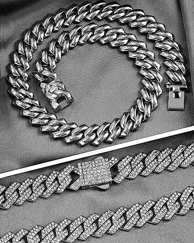 WKTYCCT 2pcs Cuban Link Chain for Men Women Iced Out Miami Cuban Necklaces Gold Silver 14mm Cuban Chain Necklace Sets Diamond Hip Hop Jewelry Gift (Silver, 16inch+18inch)