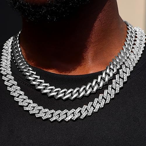 WKTYCCT 2pcs Cuban Link Chain for Men Women Iced Out Miami Cuban Necklaces Gold Silver 14mm Cuban Chain Necklace Sets Diamond Hip Hop Jewelry Gift (Silver, 16inch+18inch)