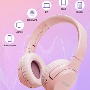 KONNAO Kids Headphones Wireless 60H, Foldable On Ear Headphone with MIC, Volume Limiter 85dB/94dB Wireless & Wired Headphones, Over-Ear Headphone for Kid Adult School Online Class Travel, Pink