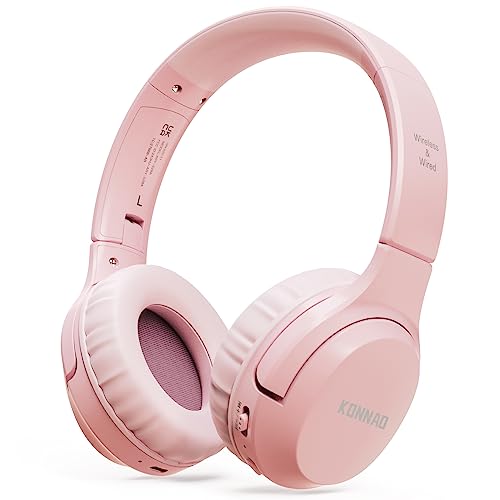 KONNAO Kids Headphones Wireless 60H, Foldable On Ear Headphone with MIC, Volume Limiter 85dB/94dB Wireless & Wired Headphones, Over-Ear Headphone for Kid Adult School Online Class Travel, Pink