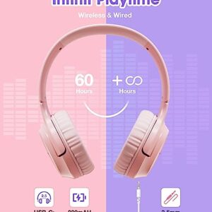 KONNAO Kids Headphones Wireless 60H, Foldable On Ear Headphone with MIC, Volume Limiter 85dB/94dB Wireless & Wired Headphones, Over-Ear Headphone for Kid Adult School Online Class Travel, Pink