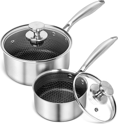 MICHELANGELO Stainless Steel Saucepan Set 1QT & 2QT, Premium Triple Ply Sauce Pan with Lid, Sauce Pot with Honeycomb Interior - 4pcs