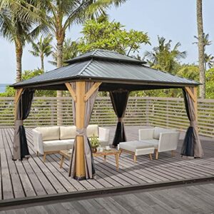 domi outdoor living 12x14 ft wood gazebo, cedar frame hardtop gazebo with galvanized steel double roof, netting & curtains, patio pergola pavilion for patio, backyard, deck, lawns