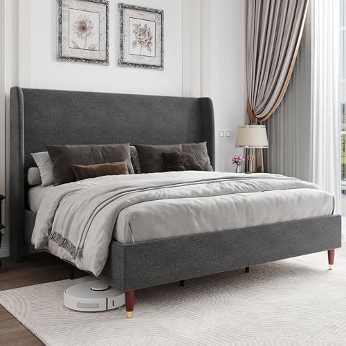 Jocisland Upholstered Bed Frame Queen Size 51.2" High Linen Platform Bed with Wingback Headboard/No Box Spring Needed/Easy Assembly/Dark Grey