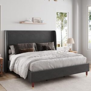 Jocisland Upholstered Bed Frame Queen Size 51.2" High Linen Platform Bed with Wingback Headboard/No Box Spring Needed/Easy Assembly/Dark Grey