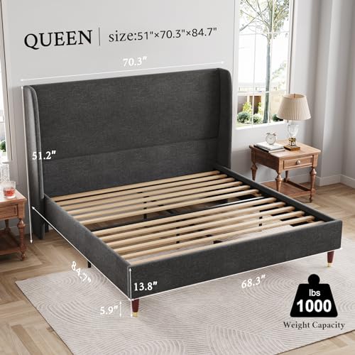 Jocisland Upholstered Bed Frame Queen Size 51.2" High Linen Platform Bed with Wingback Headboard/No Box Spring Needed/Easy Assembly/Dark Grey