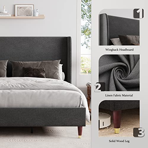 Jocisland Upholstered Bed Frame Queen Size 51.2" High Linen Platform Bed with Wingback Headboard/No Box Spring Needed/Easy Assembly/Dark Grey